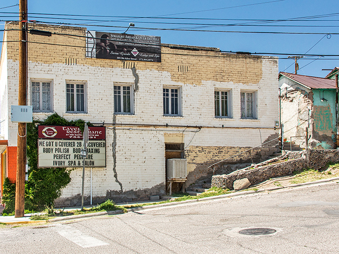 Main Street charm on full display with that impossibly blue New Mexico sky. Small-town America with a quirky twist and mountains as the backdrop.