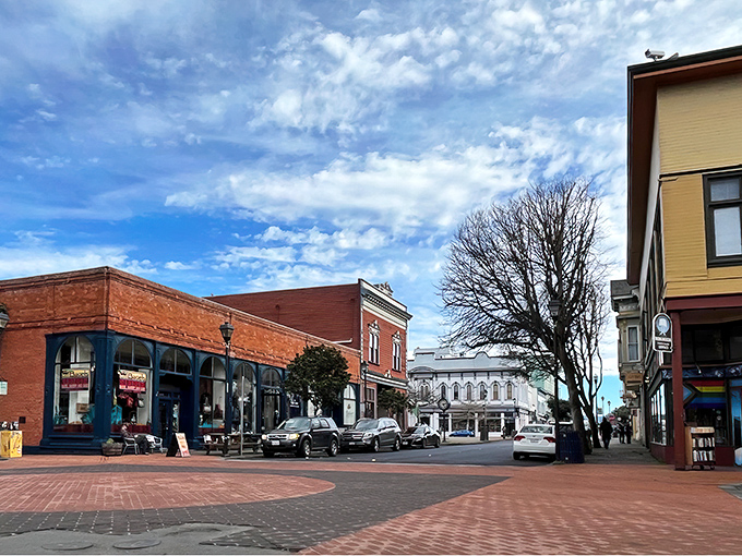 The misty morning streets of Eureka's Old Town, where Victorian buildings wait patiently for the fog to lift and reveal their ornate details.