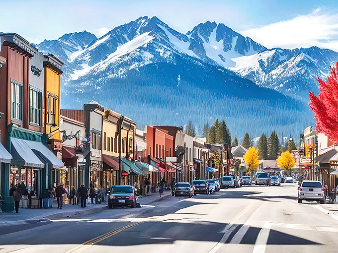 Main Street magic: Mammoth Lakes' downtown looks like a movie set with those majestic Sierra peaks playing backdrop to colorful storefronts and autumn-painted trees.