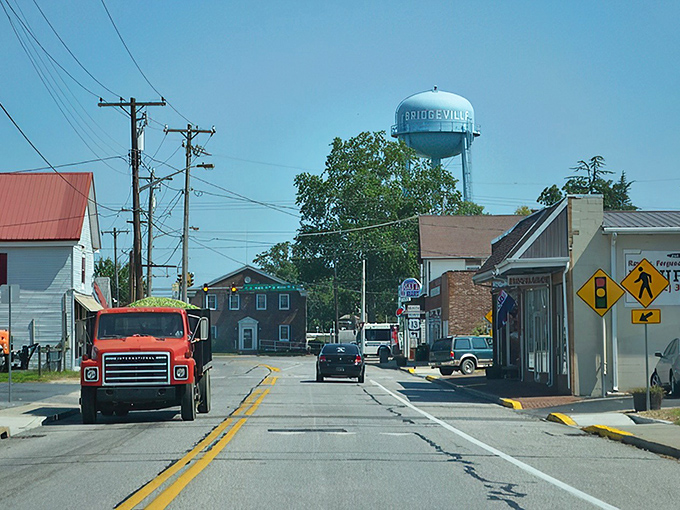 Downtown Bridgeville showcases its artistic soul with a vibrant mural that tells stories of community life against the backdrop of charming storefronts.