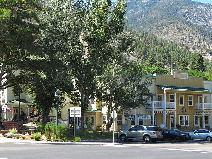 Genoa's main street offers a perfect postcard moment with the Sierra Nevada mountains creating a dramatic backdrop that changes with every season.