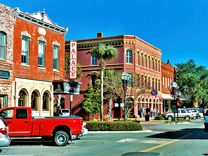 Centre Street's historic brick buildings and palm trees create the perfect backdrop for an afternoon stroll. Norman Rockwell would've needed an extra canvas.