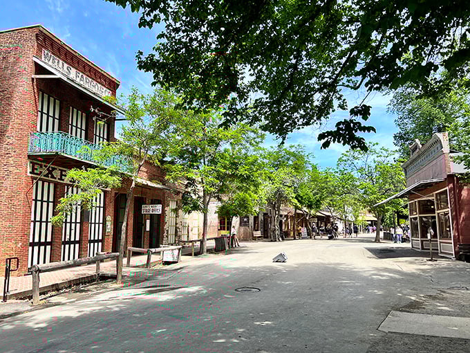 The Wells Fargo building stands as sentinel to Gold Rush history, while a stagecoach awaits passengers ready to journey back in time.