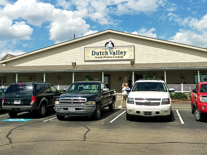 The welcoming facade of Dutch Valley Restaurant promises comfort food nirvana, where Amish kitchen cooking traditions meet hungry travelers from near and far.