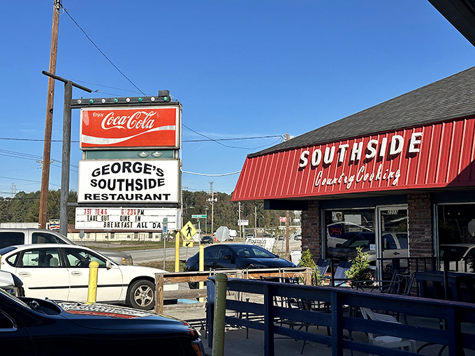 The bright red awning of George's Southside Restaurant stands like a beacon of hope for hungry travelers in Cayce. Southern comfort food paradise awaits!
