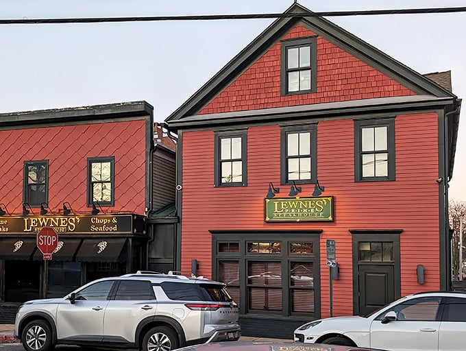 The iconic red exterior of Lewnes' Steakhouse stands like a carnivore's lighthouse in Annapolis, beckoning meat lovers with its timeless charm and promise of prime beef.