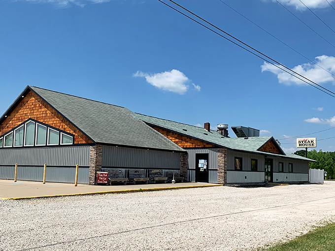 The unassuming exterior of Bill's Steak House hides culinary treasures within, like a wooden jewelry box protecting Michigan's finest walleye.