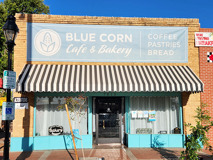 The charming turquoise storefront with its classic black-and-white striped awning stands out like a culinary oasis in historic downtown Glendale.