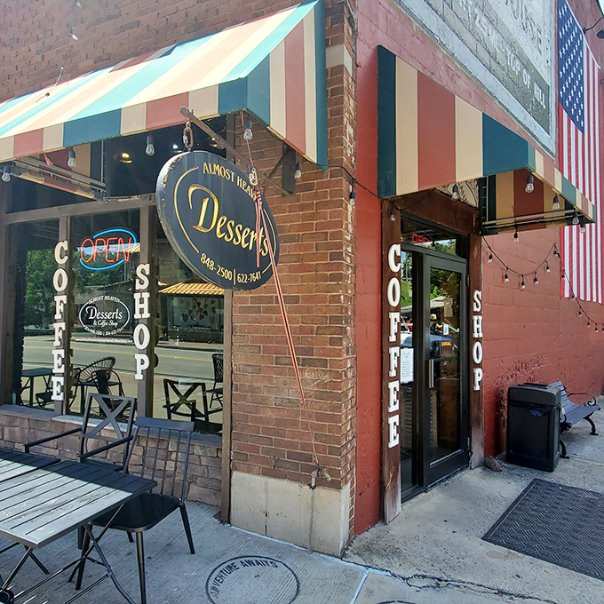 The colorful striped awning beckons like a dessert rainbow, promising sweet treasures inside this charming Bridgeport brick storefront.