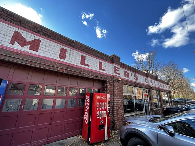 The brick facade of Miller's Chicken stands like a humble temple to fried poultry perfection, its simple sign promising delicious treasures within.