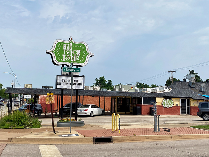 The unassuming exterior of Big Truck Tacos glows like a beacon of hope for hungry OKC residents. Taco paradise awaits inside!