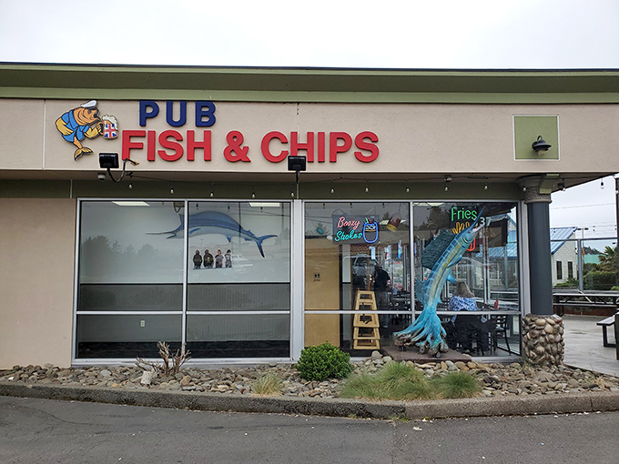 The unassuming exterior of Pub Fish & Chips hides culinary treasures within. That blue marlin sculpture? Consider it your first clue to seafood excellence.