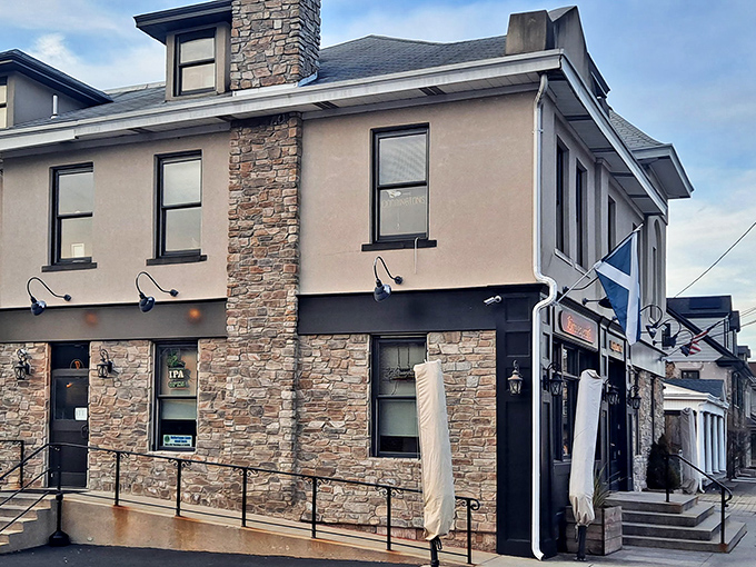 The stately facade of Braveheart Highland Pub stands proudly on Hellertown's Main Street, a slice of Scotland that somehow found its way to Pennsylvania.