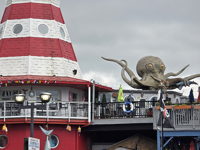 The blue exterior of Cooper's Seafood House stands like a landlocked lighthouse in Scranton, complete with deck seating that screams "summer vacation all year round!"
