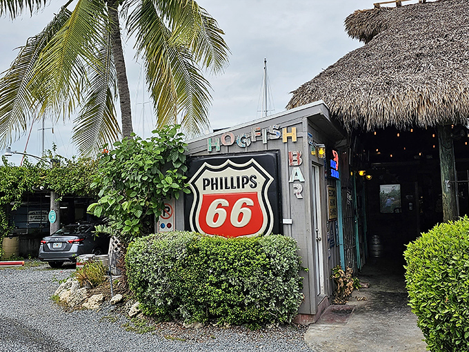 The iconic Phillips 66 sign and thatched roof welcome you to Hogfish Bar & Grill&mdash;proof that Florida's best treasures aren't always hiding in plain sight.