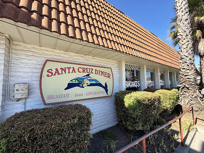 The iconic checkered sign beckons hungry travelers like a lighthouse for the famished. Classic California diner architecture at its finest.