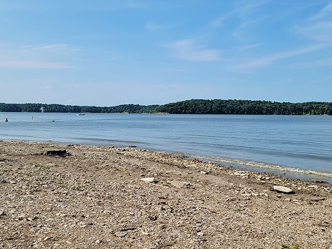 This is paradise! East Fork's golden beach curves like nature's smile against Harsha Lake's blue canvas, proving Ohio can indeed do "coastal vibes" without the coastal price tag.