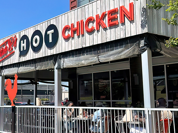 The iconic red rooster stands guard outside Hattie B's, a beacon of spicy salvation for heat-seekers across Alabama.