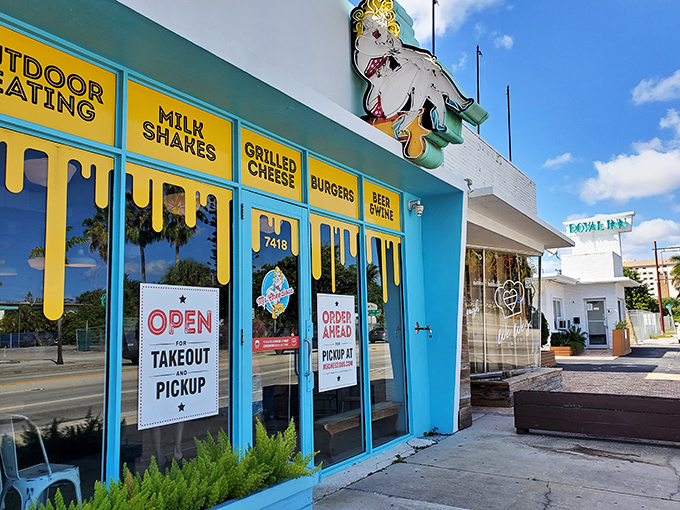 Ms. Cheezious announces itself with retro flair &ndash; that turquoise storefront and pin-up logo practically scream "comfort food lives here!"