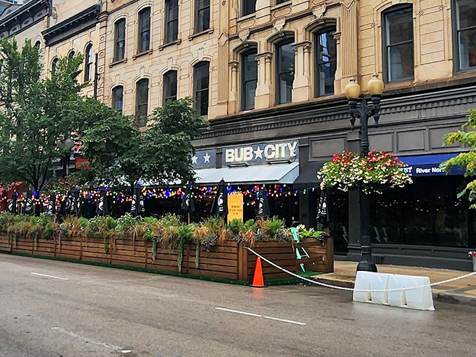 The patriotic bunting and bold signage of Bub City's exterior promises three essential food groups: BBQ, country music, and beer. A trifecta of American pleasure.