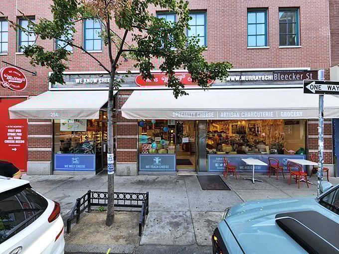Murray's iconic storefront on Bleecker Street stands as a beacon of dairy devotion, with its signature red bench inviting cheese pilgrims to rest their weary feet before the next round.
