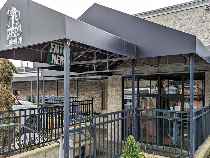 The unassuming entrance to Price Hill Chili promises no frills, just Cincinnati food history waiting behind those doors. Culinary treasures often hide in plain sight.