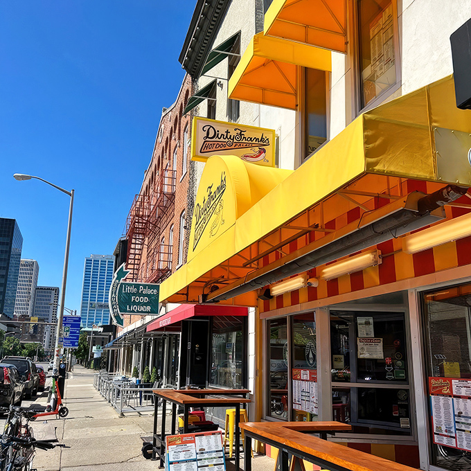 The sunshine-yellow awning of Dirty Frank's stands out against Columbus's urban landscape like a beacon for hungry hot dog pilgrims.