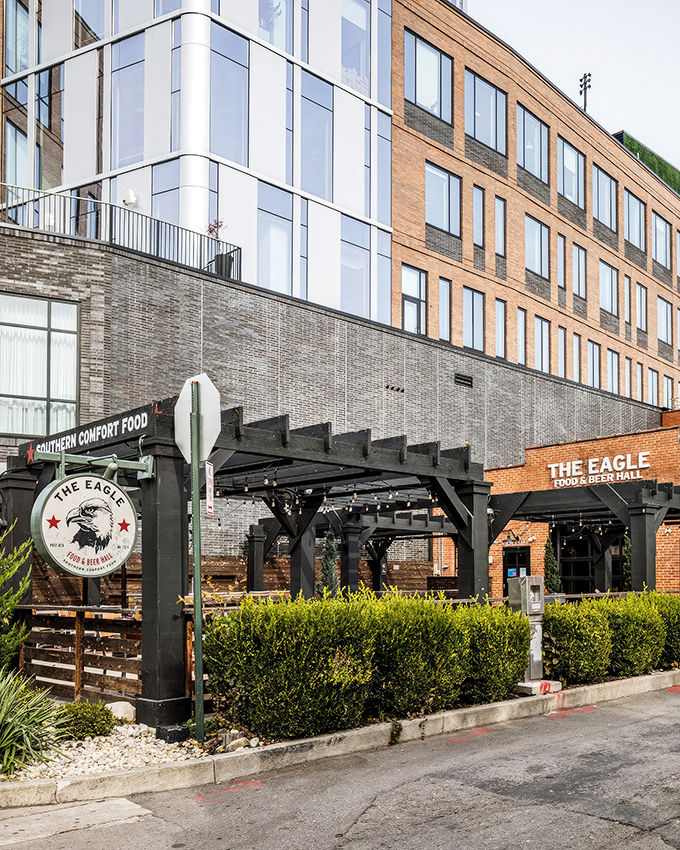 The facade of The Eagle OTR stands proudly on Vine Street, a beacon of comfort food in Cincinnati's historic Over-the-Rhine neighborhood.