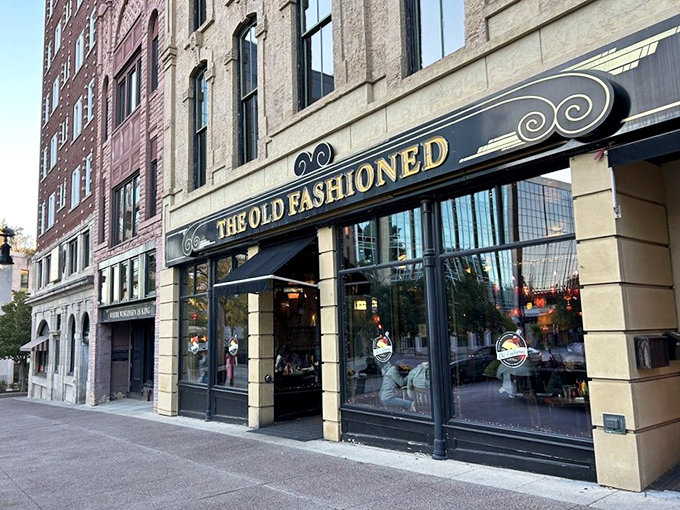 The Old Fashioned stands proudly on Madison's Capitol Square, a historic building that seems to whisper, "Come inside, we have cheese waiting for you."