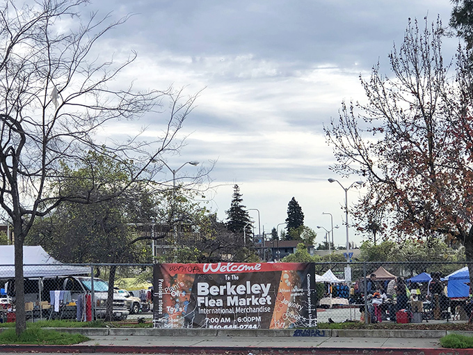 A bird's-eye view of treasure hunting paradise! White tents dot the Ashby BART parking lot like a village of possibility where one person's castoffs become another's treasures.