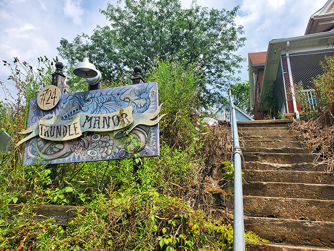 The stairway to heaven? Not quite. This whimsical sign for Trundle Manor promises a journey into Pittsburgh's most delightfully disturbing attraction.