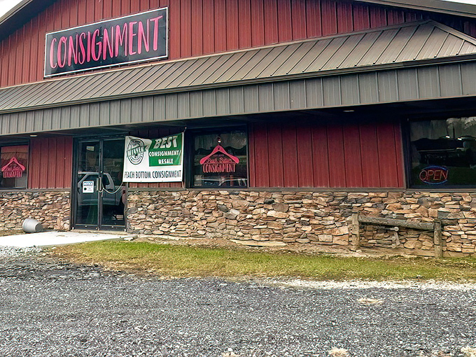 The burgundy building with its bold "CONSIGNMENT" sign doesn't need fancy marketing&mdash;it's like a treasure chest announcing itself to bargain hunters everywhere.