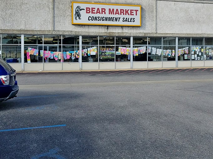 The iconic Bear Market sign welcomes treasure hunters with its pointing bear silhouette&mdash;nature's own bargain GPS system for savvy shoppers.