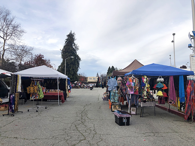 A bird's-eye view of treasure hunting paradise! White tents dot the Ashby BART parking lot like a village of possibility where one person's castoffs become another's treasures.