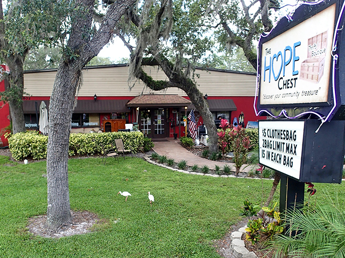 The HOPE Chest welcomes bargain hunters with its cheerful red exterior and Spanish moss-draped oaks, like Florida's version of retail therapy paradise.