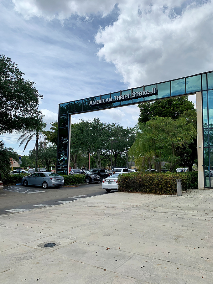 A modernist glass facade that houses treasures within&mdash;American Thrift Store stands like a crystal palace among Lauderhill's palm trees.