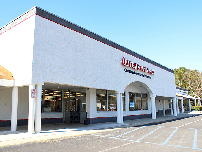 The unassuming exterior of Dorcas Ministries belies the treasure trove within—proof that you should never judge a thrift store by its facade.
