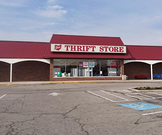 The iconic red roof of Ohio Thrift Store beckons like a lighthouse for bargain hunters. This Columbus landmark promises treasures waiting to be discovered inside.