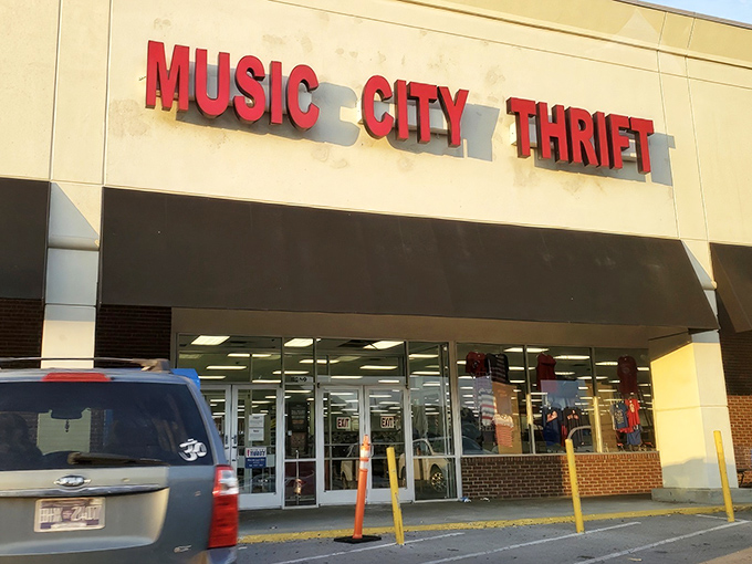 The red block letters beckon like a siren song to bargain hunters. Welcome to Music City Thrift, where Nashville's fashion treasures await discovery.
