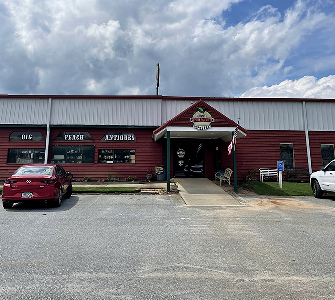 The rustic red exterior of Big Peach Antiques Mall beckons like a siren song to collectors and nostalgia-seekers alike. Treasure hunting starts here!