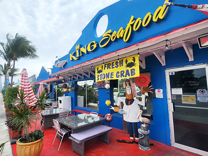 The blue facade of King Seafood shines like a maritime beacon, promising fresh catches and Florida flavor in equal measure.