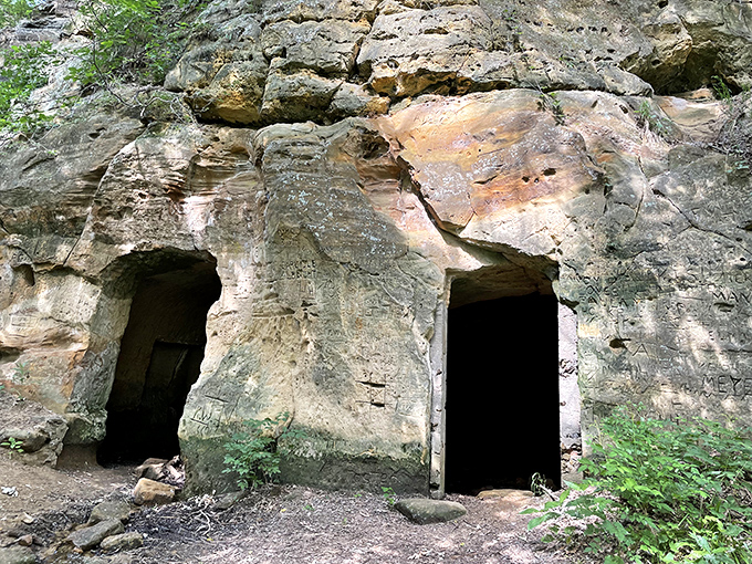 Twin doorways to yesterday carved into golden sandstone&mdash;nature's perfect frame for a Kansas adventure that feels straight out of an Indiana Jones film.
