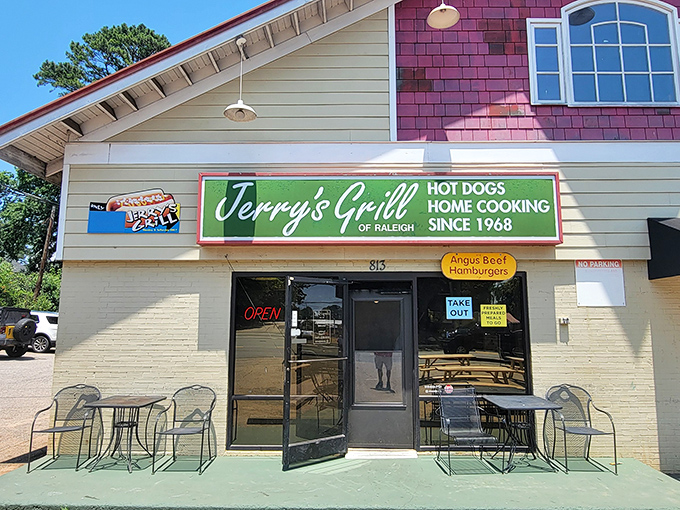 The iconic green sign of Jerry's Grill promises simple pleasures: hot dogs and home cooking that have kept Raleigh locals coming back since 1968. 
