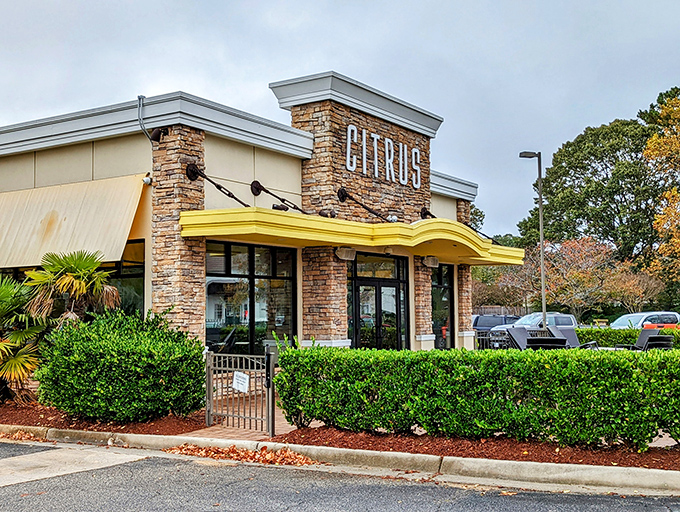 Citrus welcomes hungry visitors with its distinctive stone facade and cheerful yellow awning—like sunshine beckoning you to breakfast paradise.