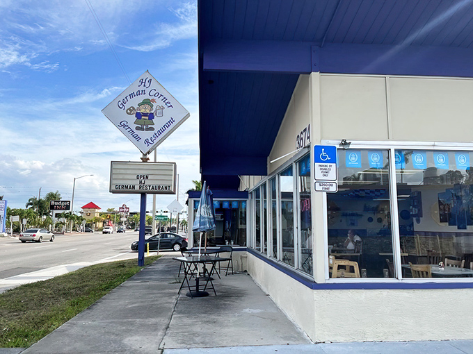 The unassuming exterior of HJ German Corner stands like a Bavarian embassy on Fort Myers' Cleveland Avenue&mdash;proof that culinary treasures often hide in plain sight.