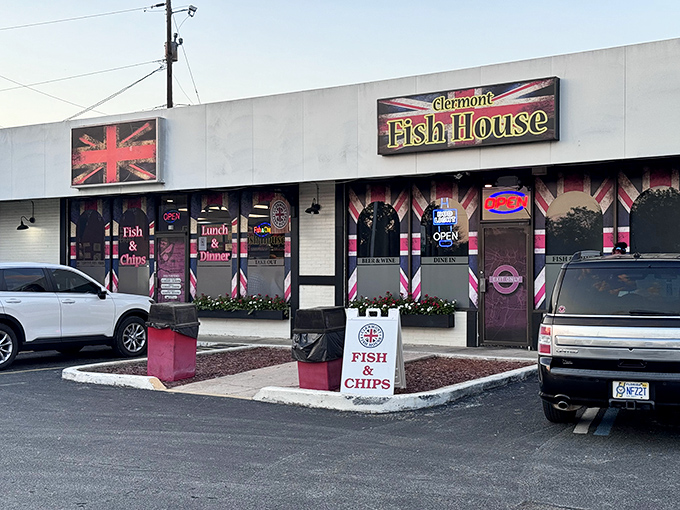 The Union Jack beckons from this unassuming strip mall, promising a British culinary escape without the hassle of international travel.