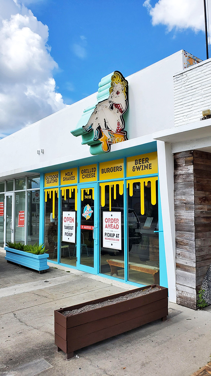 Ms. Cheezious announces itself with retro flair &ndash; that turquoise storefront and pin-up logo practically scream "comfort food lives here!"
