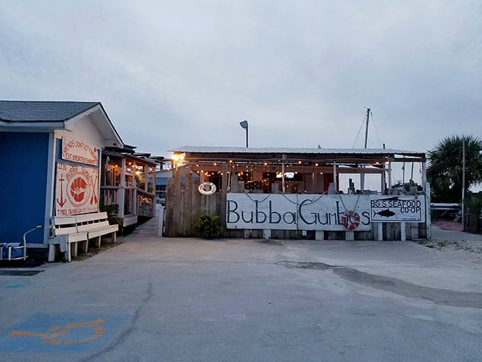 The unassuming exterior of Bubba Gumbo's proves once again that the best seafood joints often look like they might fall into the water at high tide.
