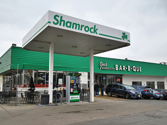 The iconic green exterior of Joe's KC BBQ beckons like a barbecue lighthouse, promising smoky treasures within this former gas station turned culinary landmark.