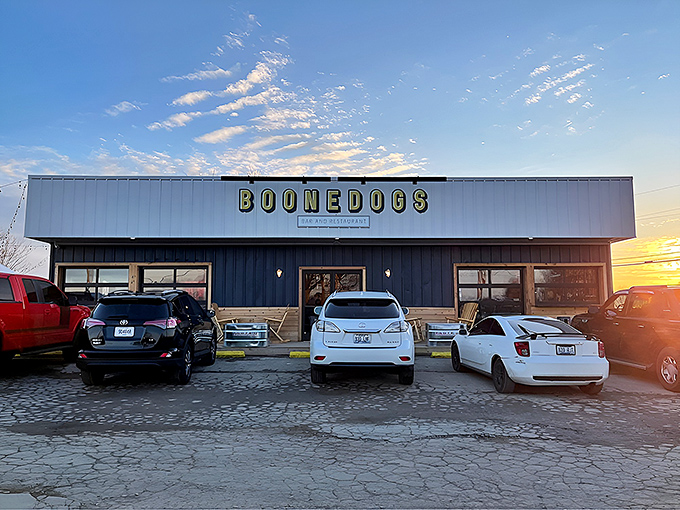 Boonedogs stands like a beacon against the Kentucky sunset, its unassuming exterior hiding culinary treasures that locals line up for.
